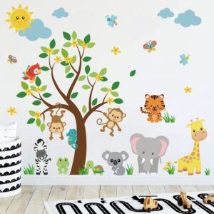 Supzone Jungle Animal Wall Stickers Monkey Tree Wall Decals Elephant Giraffe Tiger Wall Sticker for Kids Girls Boy Baby Nursery Playroom Bedroom Living Room Kindergarten Wall Decor