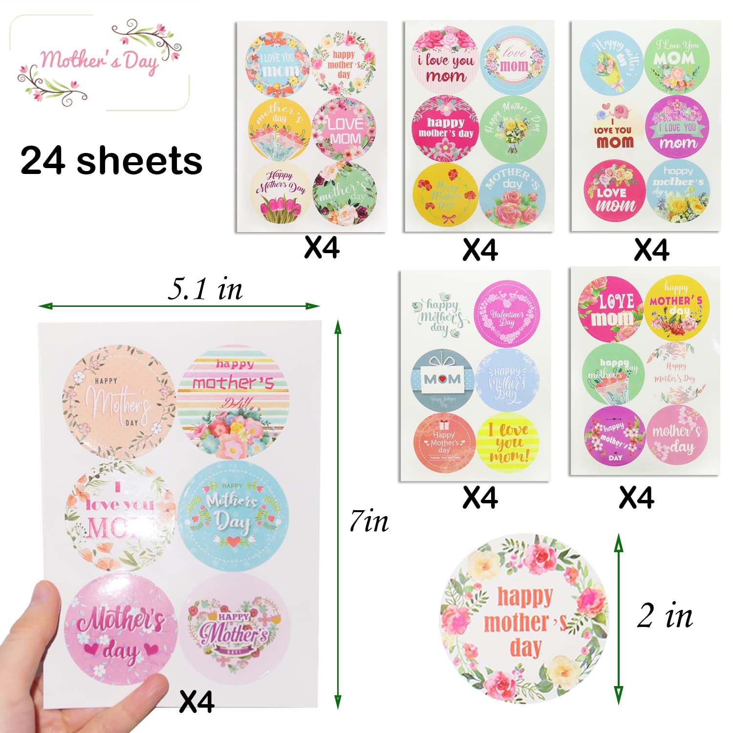 HADDIY Happy Mothers Day Stickers,144 Pcs 2 Inches Floral Mom Labels Stickers in Bulk for Mother's Day Cards,Cookies,Envelopes Seals,Flowers and Gifts Wrapping Decoration