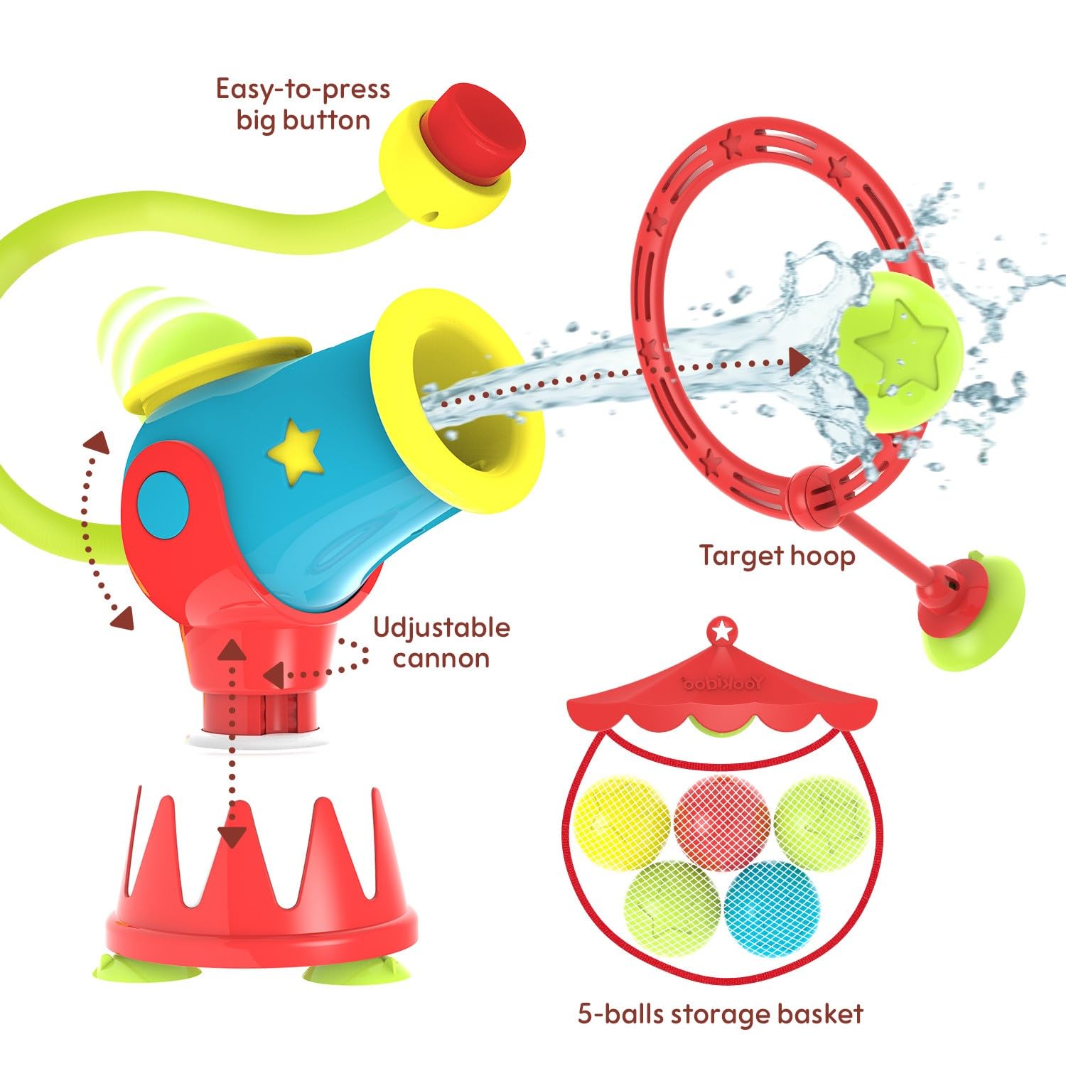 Yookidoo Toddler Kids Bath Toys (Ages 4-8) - Water Cannon Ball Blaster - Suction Cups to Any Bath Tub or Shower - Includes 5 Balls & Hoop to Shoot Through - Turn Bath Time into Endless Fun for Kids!