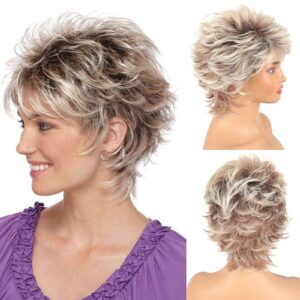 leosa short blonde pixie cut wigs with bangs for white women,brown ombre blonde wig synthetic wavy curly hair wigs mixed brown wigs layered natural fluffy heat resistant