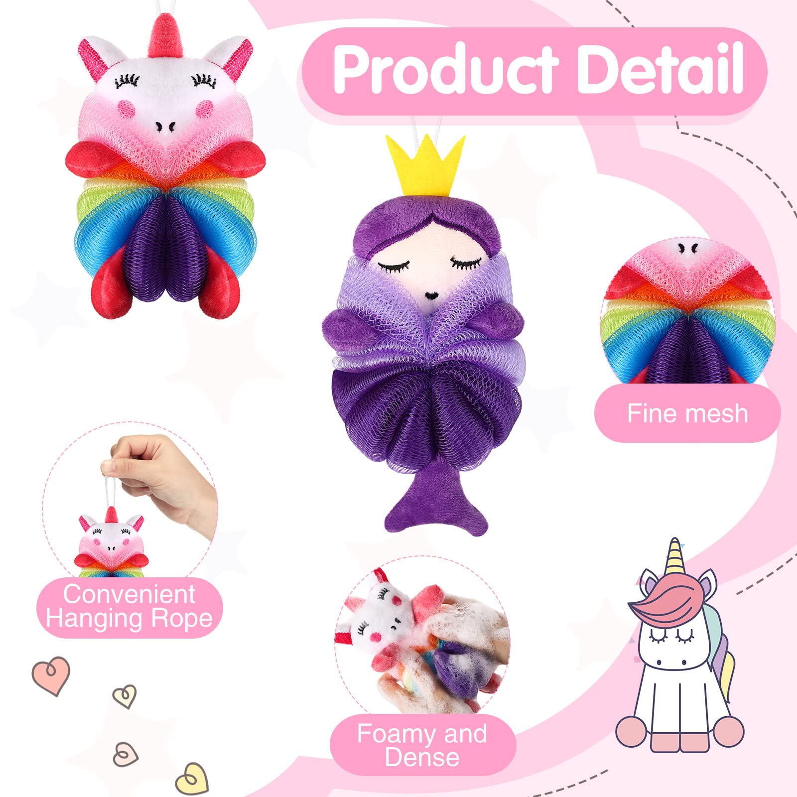 2 Pcs Bath Loofahs Kids Toddler Body Loofahs Cute Cartoon Kids Loofah Kid Bath Sponges Loofah Bath Pouf Body Scrubber Mesh Loofah Sponges for Children Shower Washing Exfoliating (Unicorn, Princess)