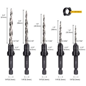 WEAVERBIRD Wood Countersink Drill Bit Set (5Pcs), #4, 6, 8, 10, 12 Tapered High Speed Steel Drill Bits with 1/4" Hex Shank, Depth Adjustable Stop Collar (3/8") and Hex Wrench (1/8" Allen key) included