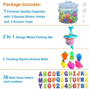 Baby Bath Toys,Bath Toys,Bath Toy Storage,Bath Toys for Toddlers 1-3,Bath Toy Baby Bath Set，Letters & Numbers, Bath Toy Organizer Dinausors Toys , Water Spray Bath Set with Fishing Net(44)