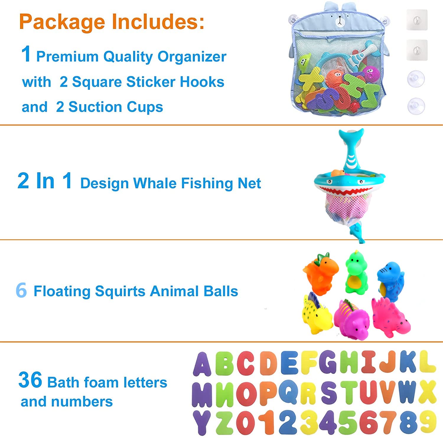 Baby Bath Toys,Bath Toys,Bath Toy Storage,Bath Toys for Toddlers 1-3,Bath Toy Baby Bath Set，Letters & Numbers, Bath Toy Organizer Dinausors Toys , Water Spray Bath Set with Fishing Net(44)