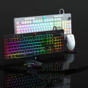 USB Wired Gaming Keyboard Mouse Set, 104 Keys, 10 RGB Backlit Modes, 19 Keys Anti-Ghost Keyboard, 1200-7200 DPI Mouse (White)