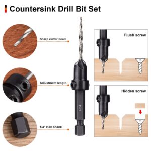 WEAVERBIRD Wood Countersink Drill Bit Set (5Pcs), #4, 6, 8, 10, 12 Tapered High Speed Steel Drill Bits with 1/4" Hex Shank, Depth Adjustable Stop Collar (3/8") and Hex Wrench (1/8" Allen key) included