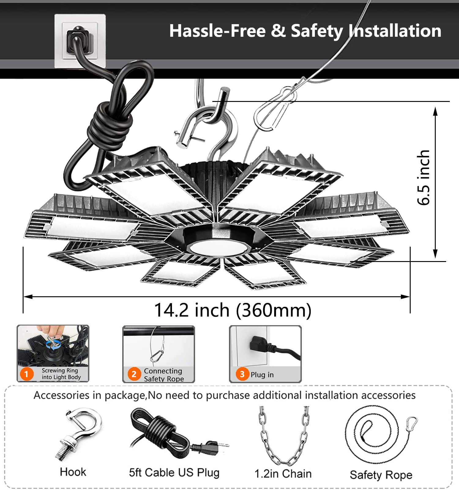 Fucoda LED Shop Light 250W Eqv 800W 35000lm High Bay Light, Daylight White No-Dimmable, Ceiling Hook Hanging LED Barn Light with 5ft US Plug, Ideal for Workshop, Shop, Garage, Warehouse (250W 4Pack)