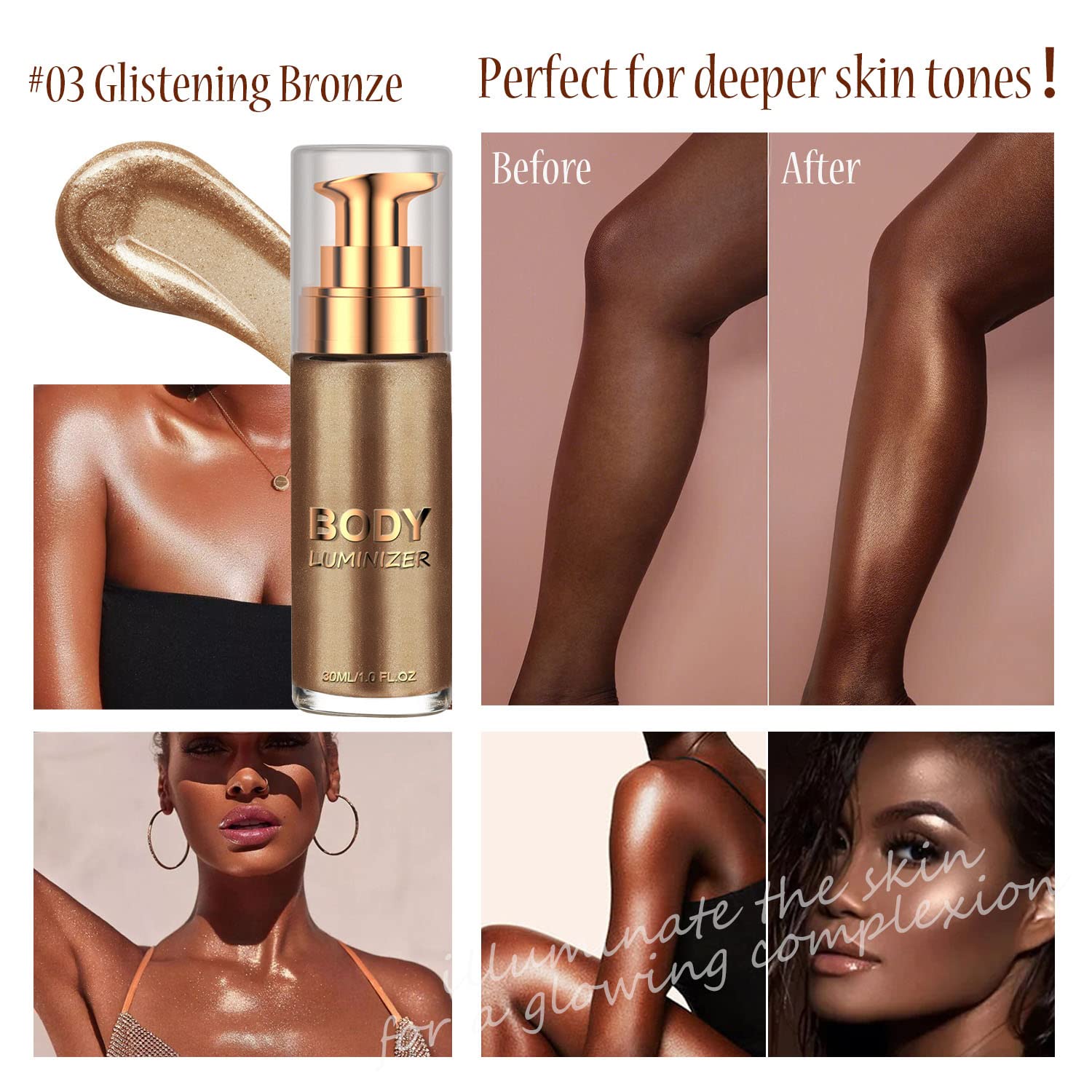 Body Luminizer, Highlighter Makeup Waterproof Moisturizing Glow Illuminator Liquid Foundation for Face & Body,Smooth Body Shimmer Lotion(#03 Glistening Bronze）