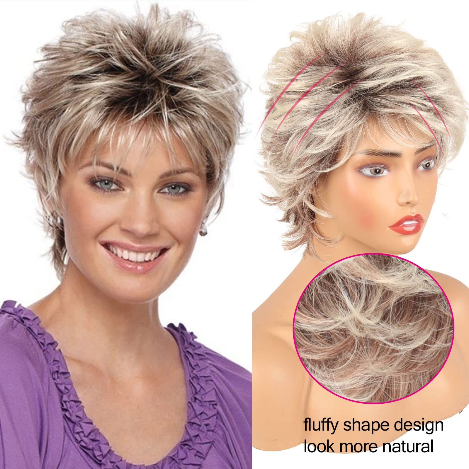 LEOSA Short Blonde Pixie Cut Wigs with Bangs for White Women,Brown Ombre Blonde Wig Synthetic Wavy Curly Hair Wigs Mixed Brown Wigs Layered Natural Fluffy Heat Resistant