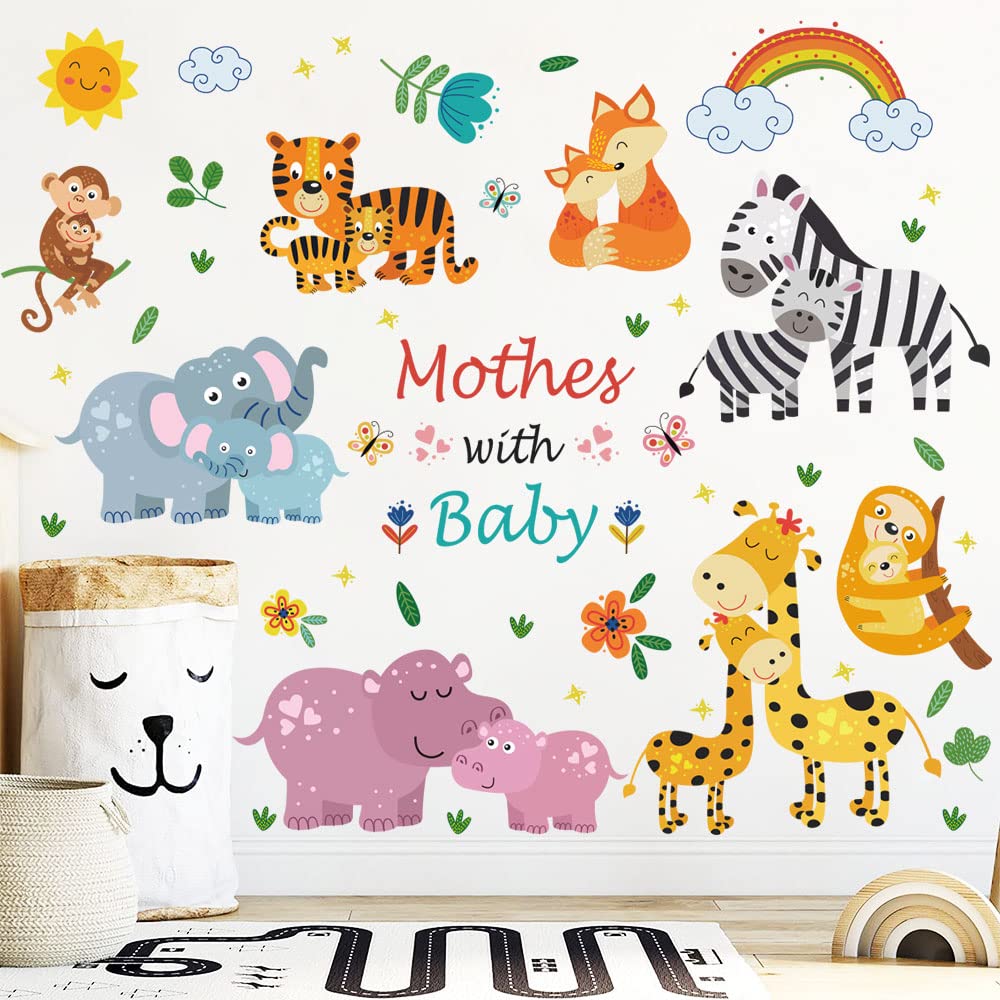 Supzone Jungle Animal Wall Decals Cartoon Animal Mother with Baby Wall Stickers Elephant Giraffe Monkey Wall Sticker for Kids Baby Nursery Playroom Bedroom Girls Boy Room Wall Decor