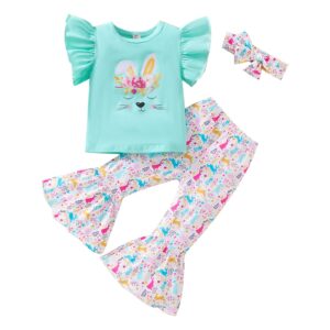 wytyjxccyy toddler baby girls easter outfits bunny fly sleeve shirts blouse top bell bottoms pants headband summer clothes set (green print rabbit,2-3t)