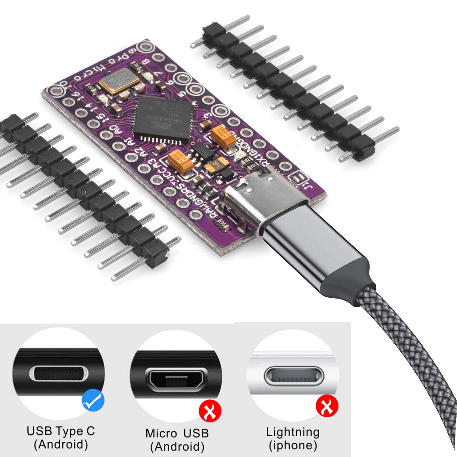 OSOYOO 3pcs Pro Micro Board ATmega32U4 Leonardo 5V/16MHz Module Board Type C Port for Arduino