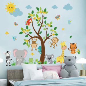 Supzone Jungle Animal Wall Stickers Monkey Tree Wall Decals Elephant Giraffe Tiger Wall Sticker for Kids Girls Boy Baby Nursery Playroom Bedroom Living Room Kindergarten Wall Decor