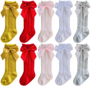 baby girls knee high socks bow thread toddler breathable long sock cable knit tube (0-12 months, grey/pink/yellow/white/red)