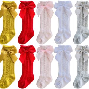 Baby Girls Knee High Socks Bow Thread Toddler Breathable Long Sock Cable Knit Tube (0-12 Months, Grey/Pink/Yellow/White/Red)