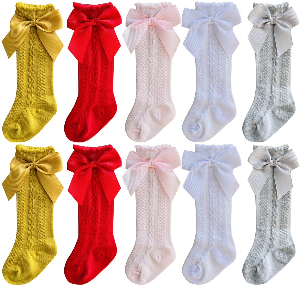 Baby Girls Knee High Socks Bow Thread Toddler Breathable Long Sock Cable Knit Tube (0-12 Months, Grey/Pink/Yellow/White/Red)