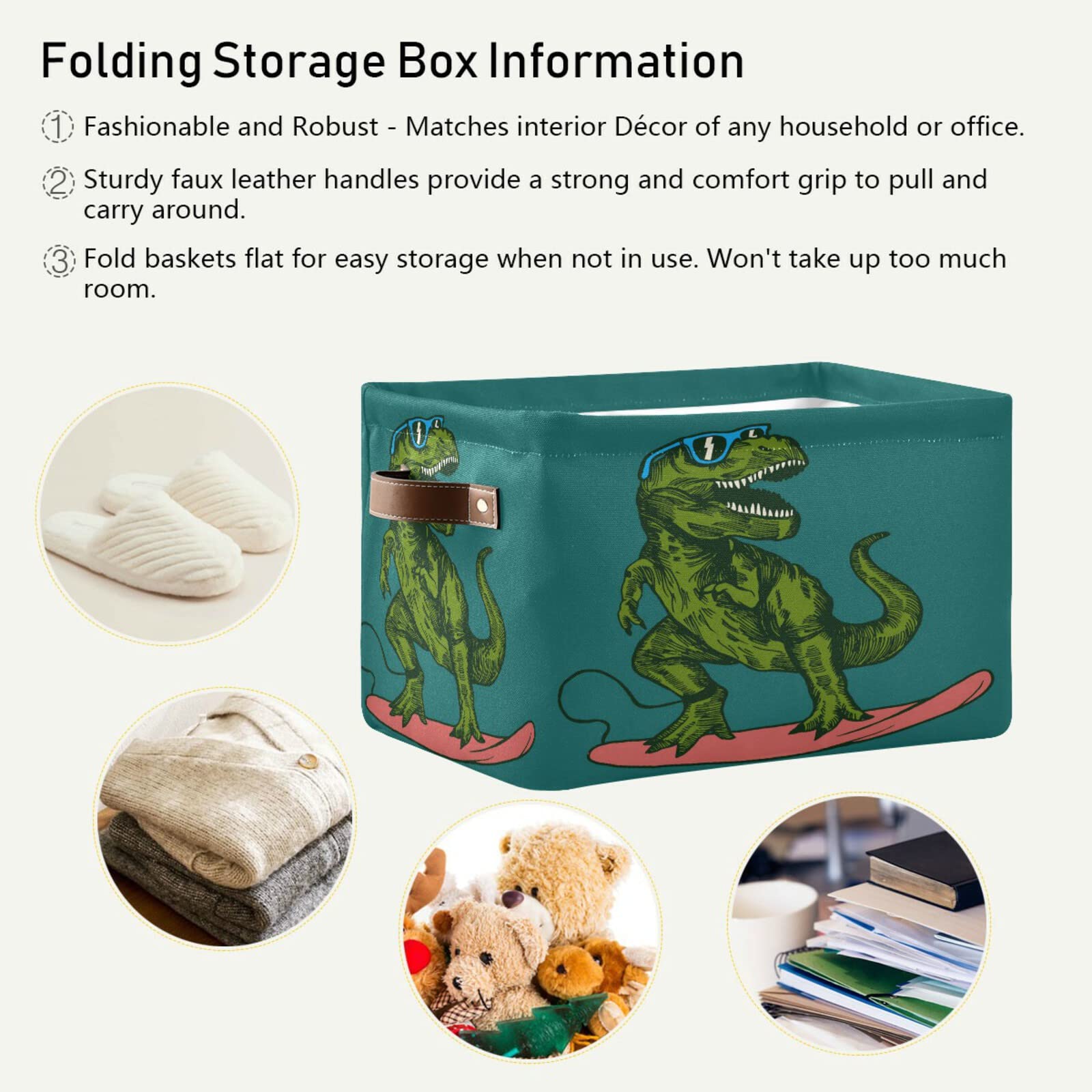 Dinosaur Skateboard Storage Basket Bin with Handles, Large Rectangular Storage Cube Funny Animal Collapsible Storage Box Organizer Decor for Kids Toys Nursery Shelf Closet Bathroom Basket 1 Pack