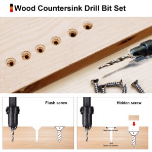 WEAVERBIRD Wood Countersink Drill Bit Set (5Pcs), #4, 6, 8, 10, 12 Tapered High Speed Steel Drill Bits with 1/4" Hex Shank, Depth Adjustable Stop Collar (3/8") and Hex Wrench (1/8" Allen key) included