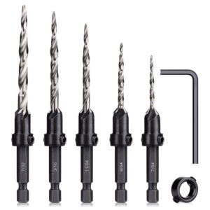 weaverbird wood countersink drill bit set (5pcs), #4, 6, 8, 10, 12 tapered high speed steel drill bits with 1/4" hex shank, depth adjustable stop collar (3/8") and hex wrench (1/8" allen key) included