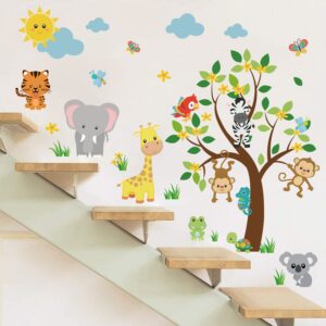 Supzone Jungle Animal Wall Stickers Monkey Tree Wall Decals Elephant Giraffe Tiger Wall Sticker for Kids Girls Boy Baby Nursery Playroom Bedroom Living Room Kindergarten Wall Decor