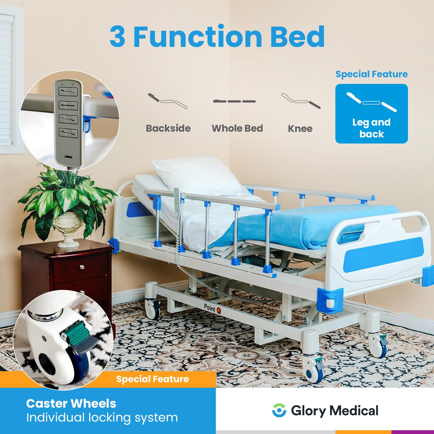 Point A (PAM-3) Premium 3-Function Full Electric Hospital Bed for Home Use, 4.7" Foam Mattress Made in USA, LINAK Motors, Individual Locking, 5" Casters, Includes (2X) Bed Sheets and Bed Tray