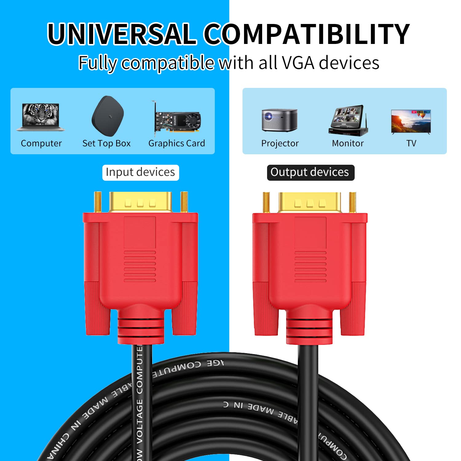 Abireiv VGA Cable 15Feet, VGA to VGA HD15 Monitor Cable for PC Laptop TV Projector