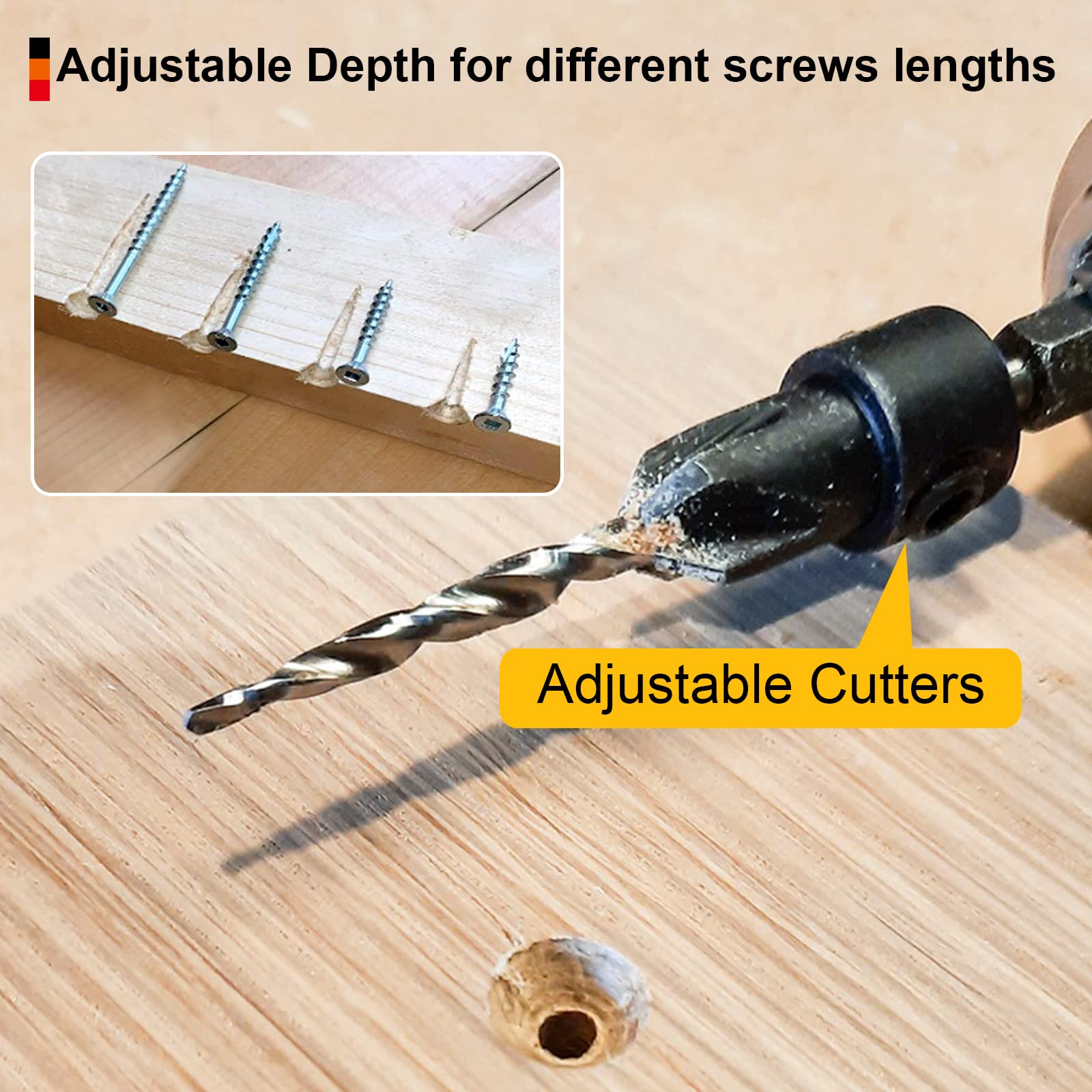 WEAVERBIRD Wood Countersink Drill Bit Set (5Pcs), #4, 6, 8, 10, 12 Tapered High Speed Steel Drill Bits with 1/4" Hex Shank, Depth Adjustable Stop Collar (3/8") and Hex Wrench (1/8" Allen key) included