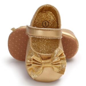 benhero infant baby girls mary jane flats shoes with bowknot non slip soft sole pu leather first walker cirb shoes toddler princess wedding dress shoes(0-6 months infant),a-gold