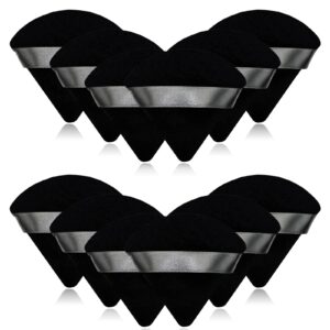 12 pieces black cosmetic powder puff,2.76 inch portable soft sponge setting face puffs,triangle velvet powder puff with ribbon band handle for loose powder body powder makeup tool