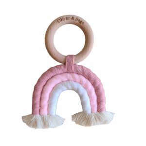 oliver and sage macrame rainbow teether | teething toy | cotton with natural wood handle