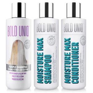 bold uniq purple shampoo, moisturizing shampoo & conditioner bundle. alternate to eliminate yellow tones & add moisture & shine. vegan & cruelty free..