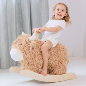 baby rocking horse for 1 year old,wooden cow/yak horse rocking with wicker plush wooden ride on toy for 2 years old girl&boy nursery birthday gift