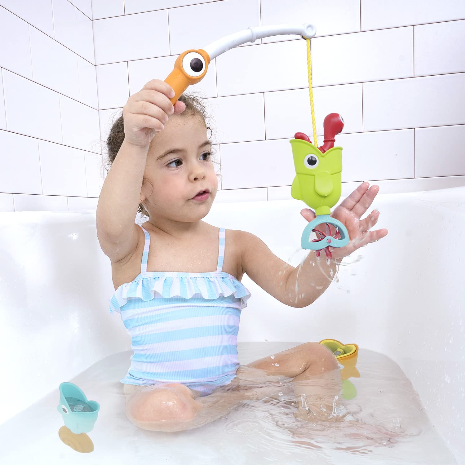 Yookidoo Toddler Baby Bath Magnetic Fishing Game Toy with Water Effects (Ages 2+) Includes 3 Moving Fish, Worm & Fishing Pole (4pc) Floating Fish Playset for Bath Time or Pool (Mold Free)