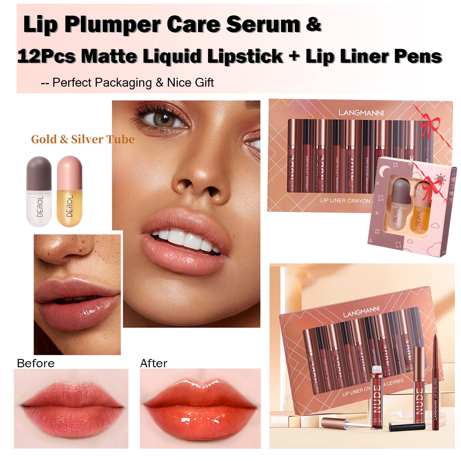 DEROL Lip Plumper Set,Natural Lip Plumper and Lip Care Serum,Lip Enhancer for Fuller,12Pcs Matte Liquid Lipstick + LipLiner Pens Set, Matte liquid Long-Lasting Wear Non-Stick Cup Waterproof Lip Gloss