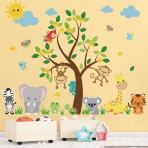 supzone jungle animal wall stickers monkey tree wall decals elephant giraffe tiger wall sticker for kids girls boy baby nursery playroom bedroom living room kindergarten wall decor