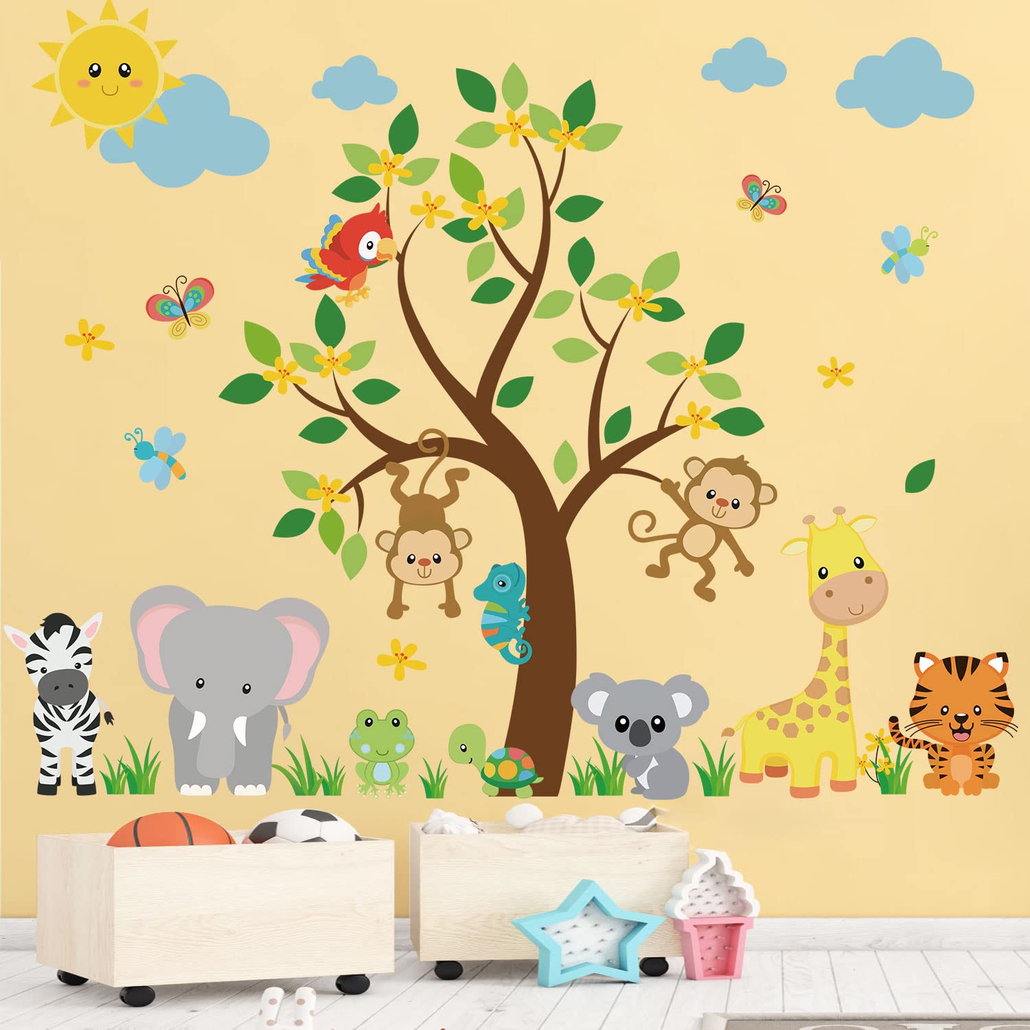 Supzone Jungle Animal Wall Stickers Monkey Tree Wall Decals Elephant Giraffe Tiger Wall Sticker for Kids Girls Boy Baby Nursery Playroom Bedroom Living Room Kindergarten Wall Decor