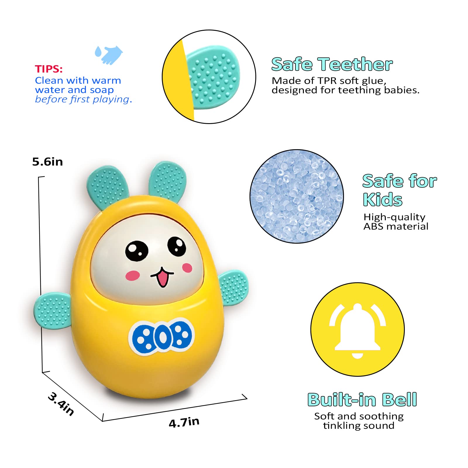 Serdios Musical Wobbler Toy,Roly-Poly Tumbler Toy,Tummy Time Toy,Sensory Toy for Baby 3-12 Months,Yellow