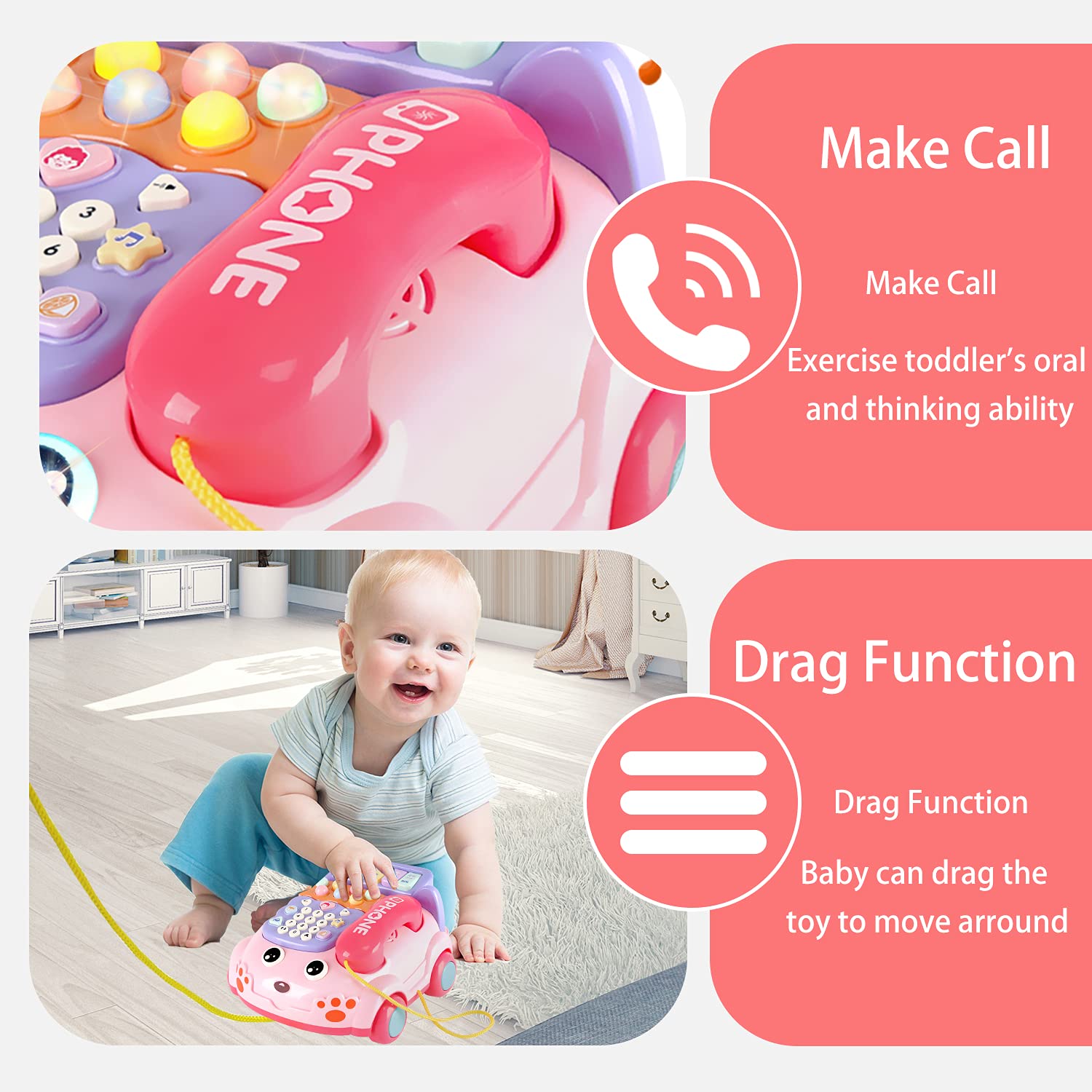 Children Telephone Toy Cartoon Simulated Landline Smartphone Drag Function Call Play Piano Early Education Music Learn Hit Hamster Children Enlightenment Brain Toys Creative Gift for Kids