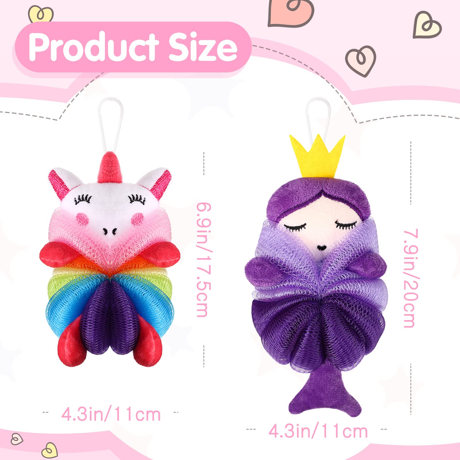 2 Pcs Bath Loofahs Kids Toddler Body Loofahs Cute Cartoon Kids Loofah Kid Bath Sponges Loofah Bath Pouf Body Scrubber Mesh Loofah Sponges for Children Shower Washing Exfoliating (Unicorn, Princess)