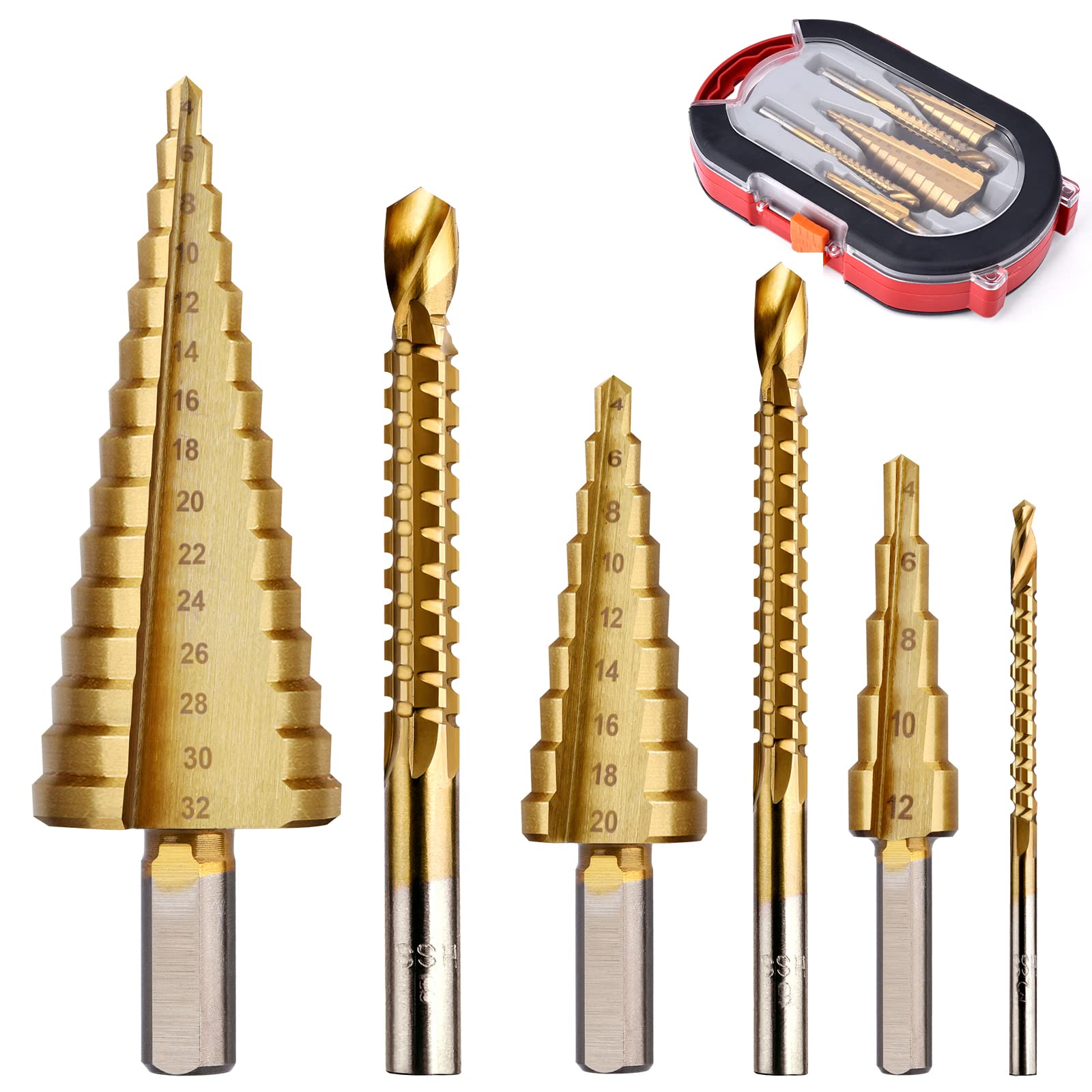 WEAVERBIRD Drill Bit Set - Step Drill Bit Set (3Pcs) and Serrated Drill Bit Set (3Pcs), Titanium Coated HSS Multifunctional Drill Set, 3-8mm Serrated Saw Drill Bit for Wood Metal Plastic