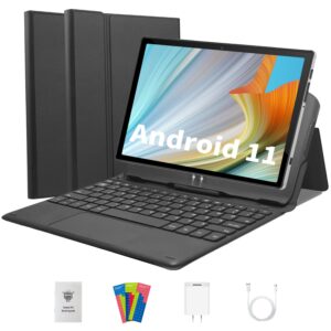 2023 newest android 11.0 tablet, 2 in 1 tablet 10 inch, 5g dual wifi tablet with keyboard, 64gb rom + 6gb ram, 256gb expand, quad-core processor, 2 card slot, 13mp camera, wifi/ bluetooth/otg - silver