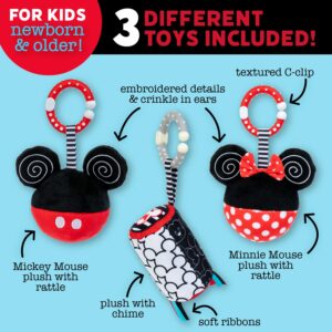 KIDS PREFERRED Disney Baby Mikcey Mouse and Minnie Mouse 3 Pack Hanging Toys, Black and White High Crinkle Plush, Boys and Girls Ages 0+, Stroller On The Go Clip, Teether, Chime Toy (81261)