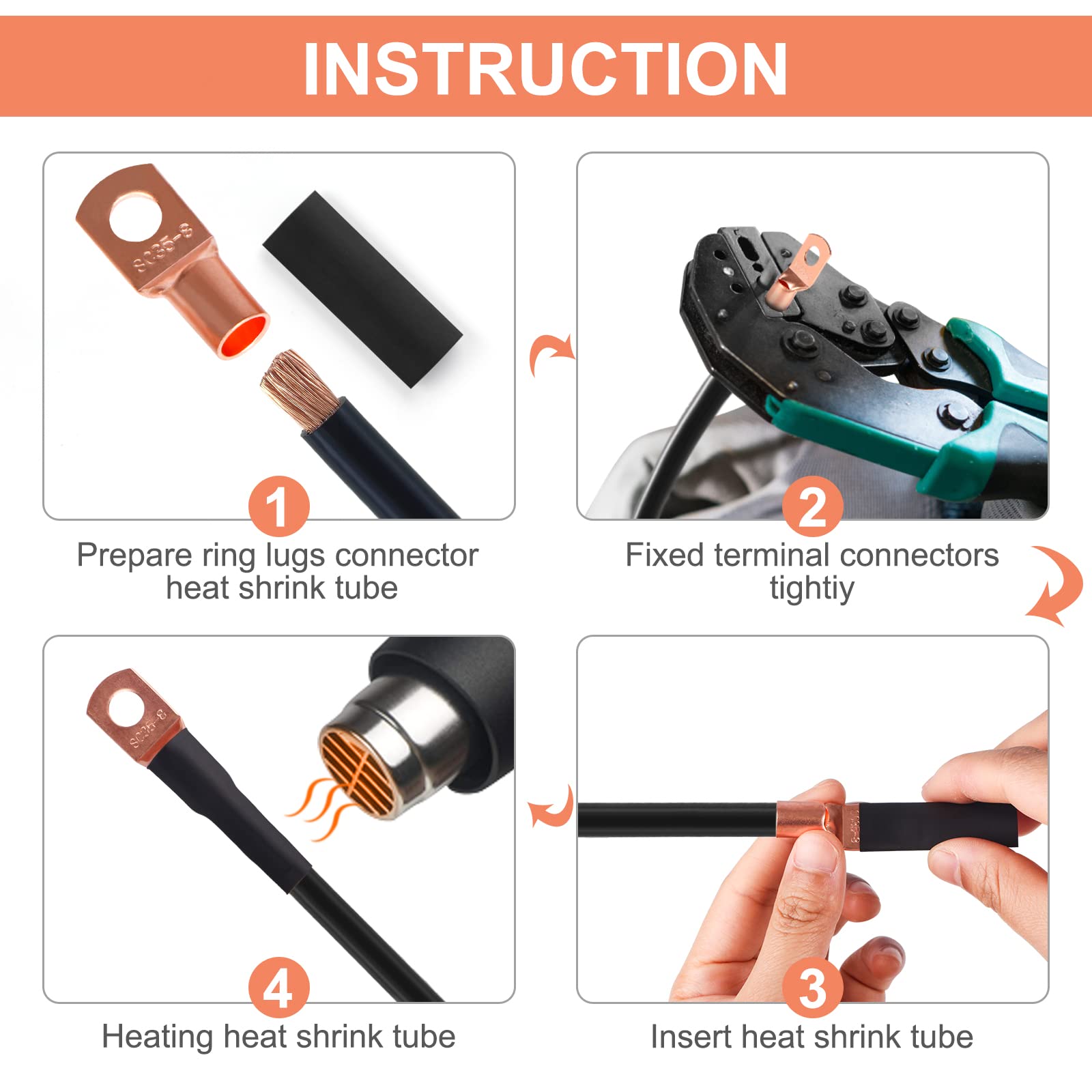 Copper Wire Lugs,Terminal Connectors,Used on AWG12 10 8 6 4 2 Cable,Heat Shrink Set,Bare Copper Eyelets,Ring Terminals Connectors,64Pcs Battery Cable Lugs Ends and 66Pcs Heat Shrink Tubing (130PCS)