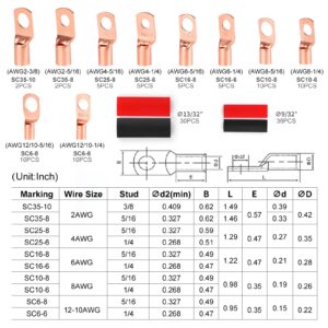 Copper Wire Lugs,Terminal Connectors,Used on AWG12 10 8 6 4 2 Cable,Heat Shrink Set,Bare Copper Eyelets,Ring Terminals Connectors,64Pcs Battery Cable Lugs Ends and 66Pcs Heat Shrink Tubing (130PCS)