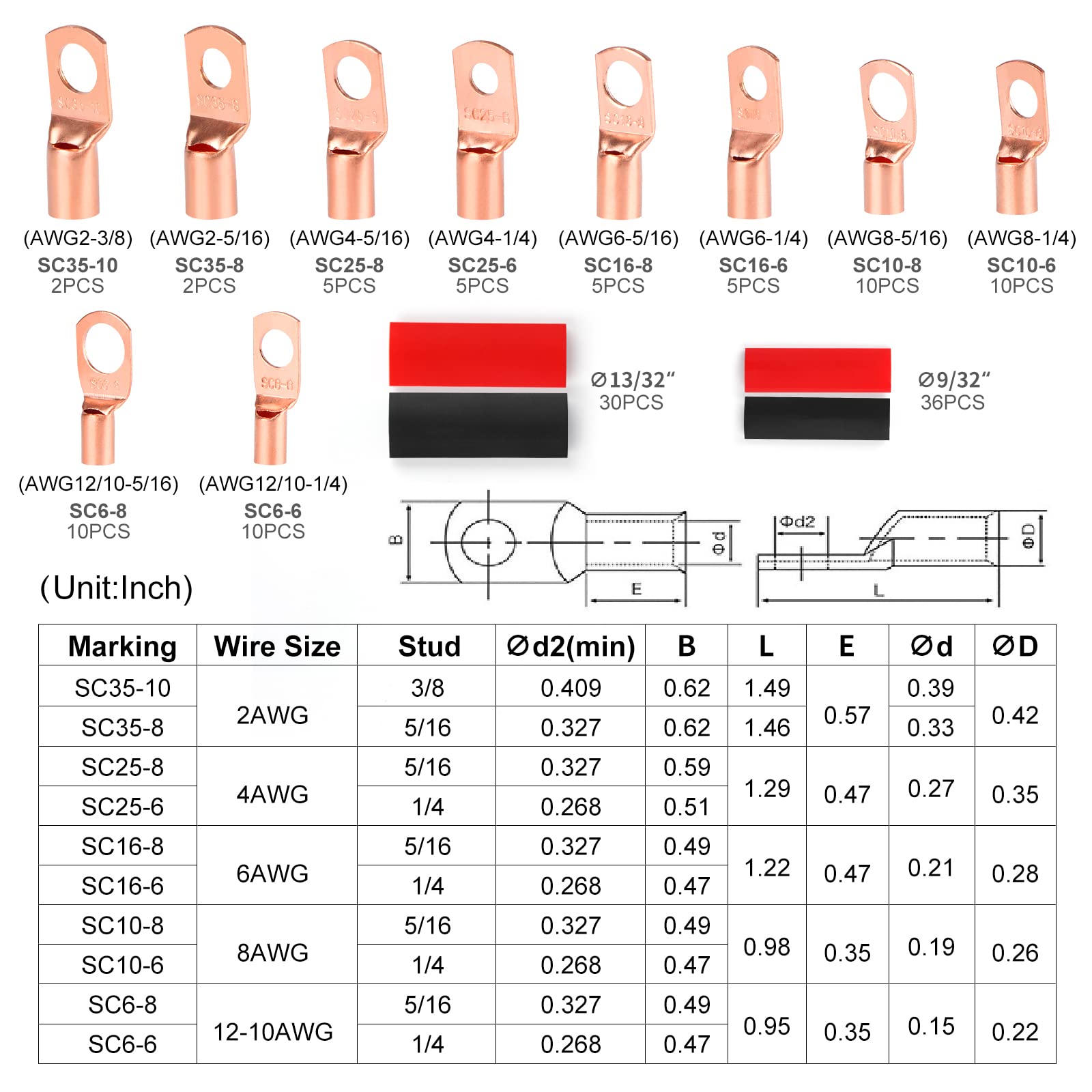 Copper Wire Lugs,Terminal Connectors,Used on AWG12 10 8 6 4 2 Cable,Heat Shrink Set,Bare Copper Eyelets,Ring Terminals Connectors,64Pcs Battery Cable Lugs Ends and 66Pcs Heat Shrink Tubing (130PCS)