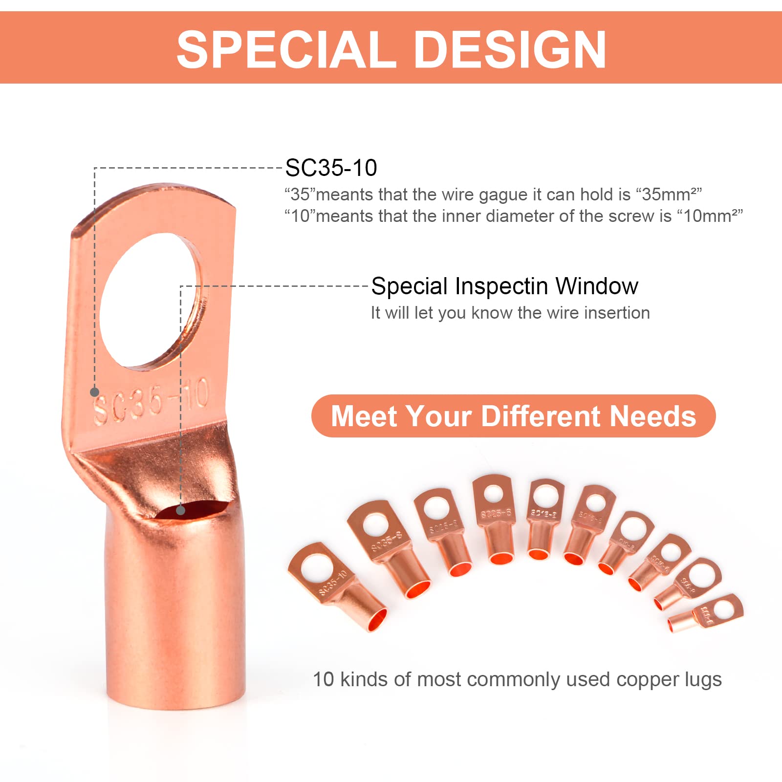 Copper Wire Lugs,Terminal Connectors,Used on AWG12 10 8 6 4 2 Cable,Heat Shrink Set,Bare Copper Eyelets,Ring Terminals Connectors,64Pcs Battery Cable Lugs Ends and 66Pcs Heat Shrink Tubing (130PCS)