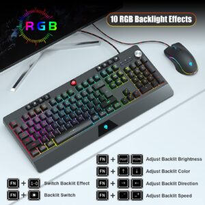 USB Wired Gaming Keyboard Mouse Set, 104 Keys, 10 RGB Backlit Modes, 19 Keys Anti-Ghost Keyboard, 1200-7200 DPI Mouse (White)