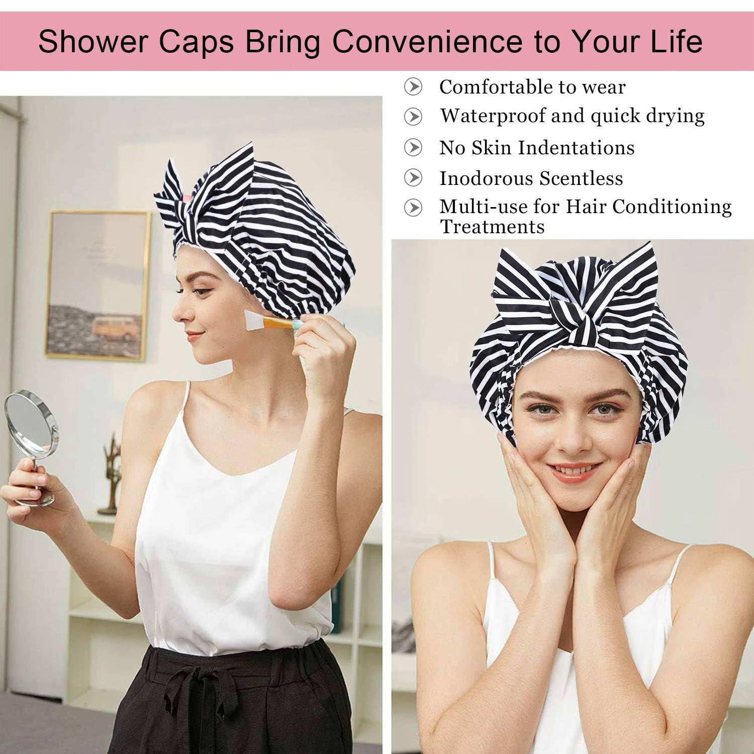 2 PCS Shower Caps for Women Resuable Waterproof Adjustable Shower Caps with Bowknot Hair Bath Cap for Natural Hair