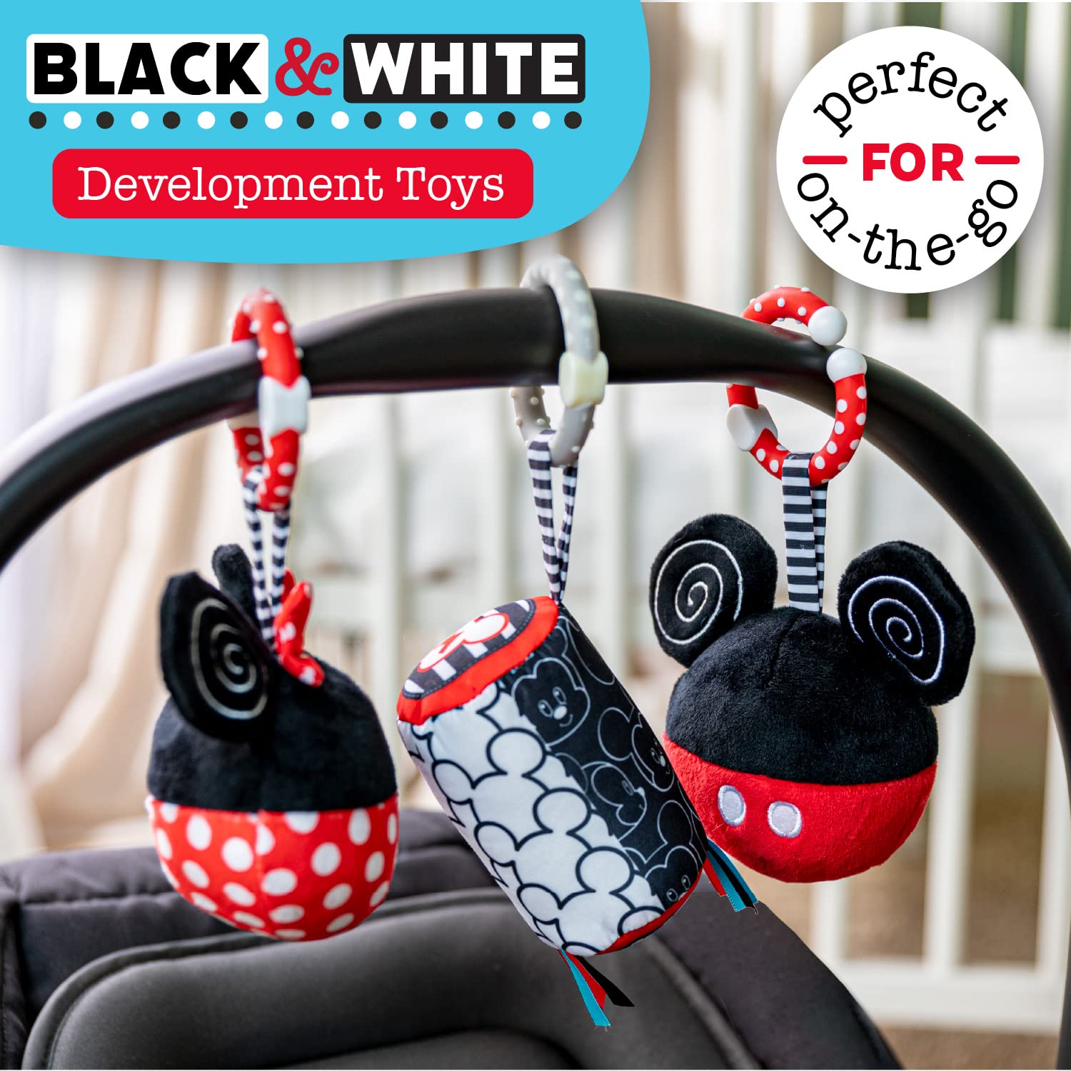 KIDS PREFERRED Disney Baby Mikcey Mouse and Minnie Mouse 3 Pack Hanging Toys, Black and White High Crinkle Plush, Boys and Girls Ages 0+, Stroller On The Go Clip, Teether, Chime Toy (81261)