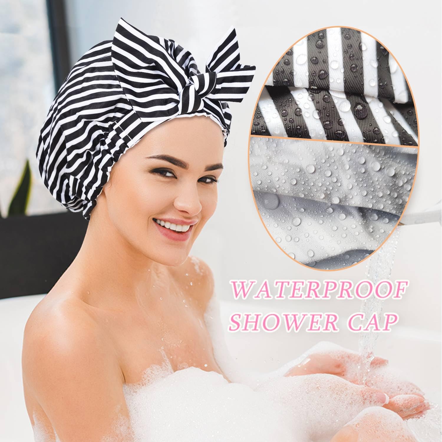 2 PCS Shower Caps for Women Resuable Waterproof Adjustable Shower Caps with Bowknot Hair Bath Cap for Natural Hair